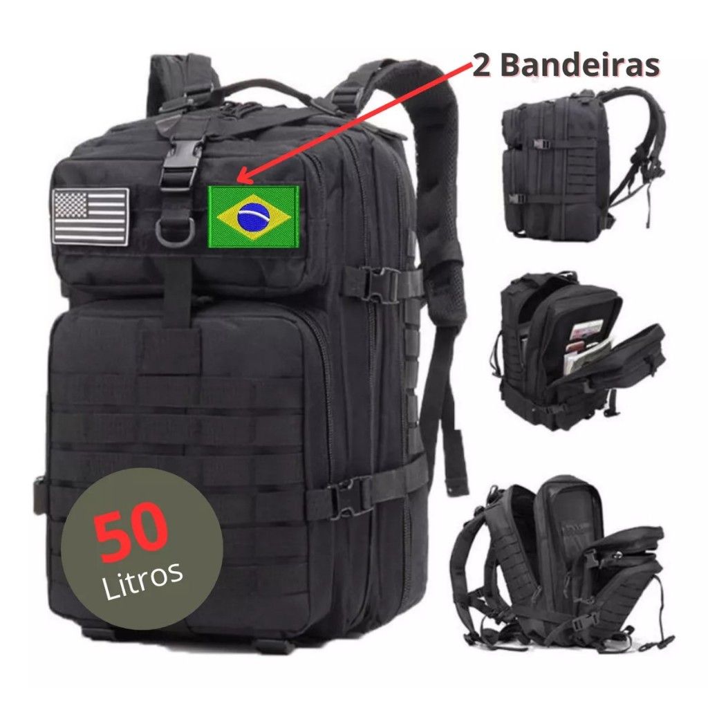 Mochila Tatica Militar Impermeavel Reforçada Grande 50l 2 Bandeiras ...