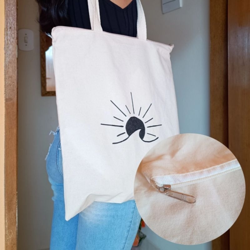 Bolsa ecobag com zíper /algodão cru 35x40 cm sol e onda | Shopee Brasil