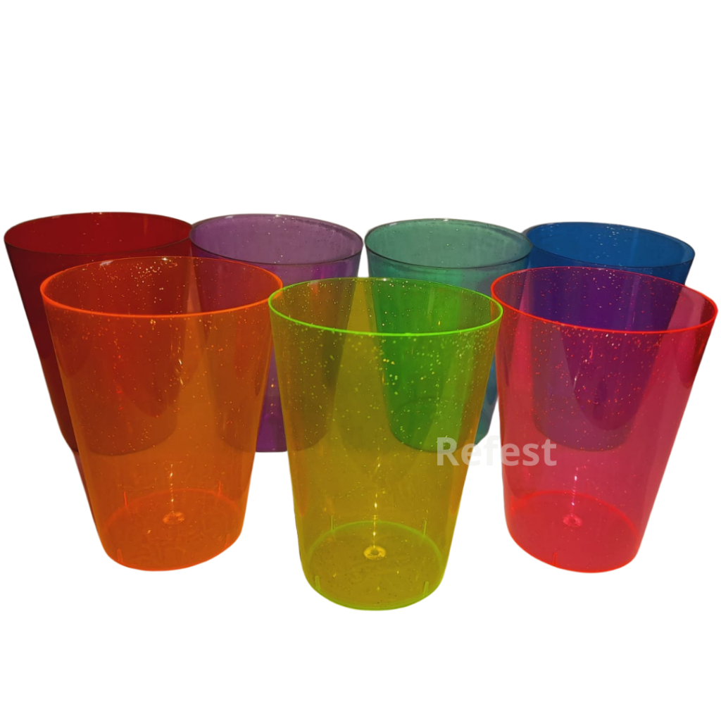 100 Copos Coloridos Neon Com Glitter 200ml Tipo Acrílico - Carnaval ...