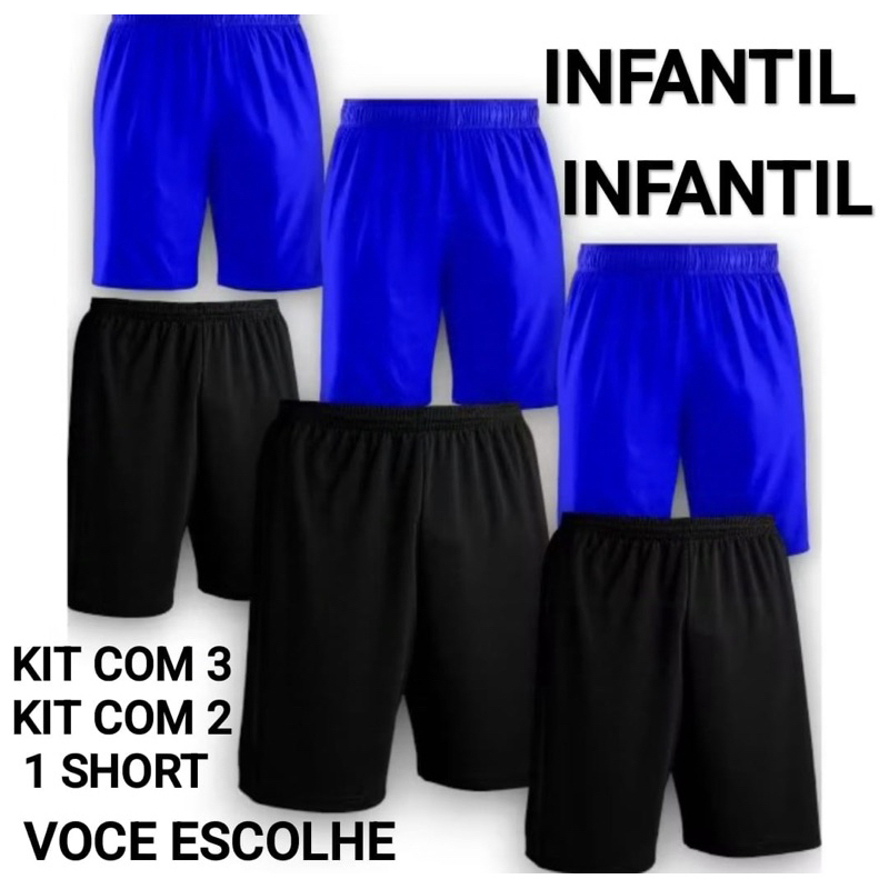kit 3 short futebol, calção futebol infantil na cor preta ou azul ...