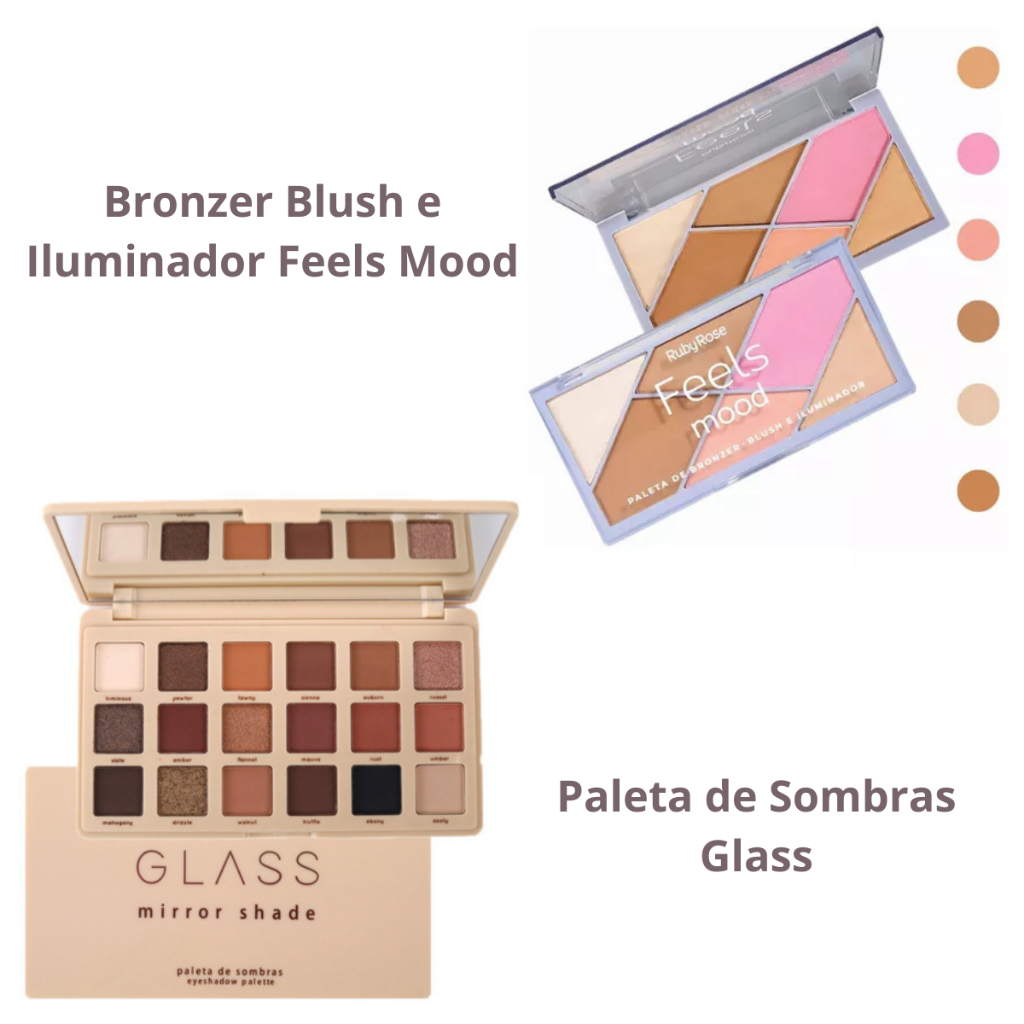 Paleta de Sombras Glass + Paleta de Bronzer Blush e iluminador Feels Mood Ruby Rose | Shopee Brasil