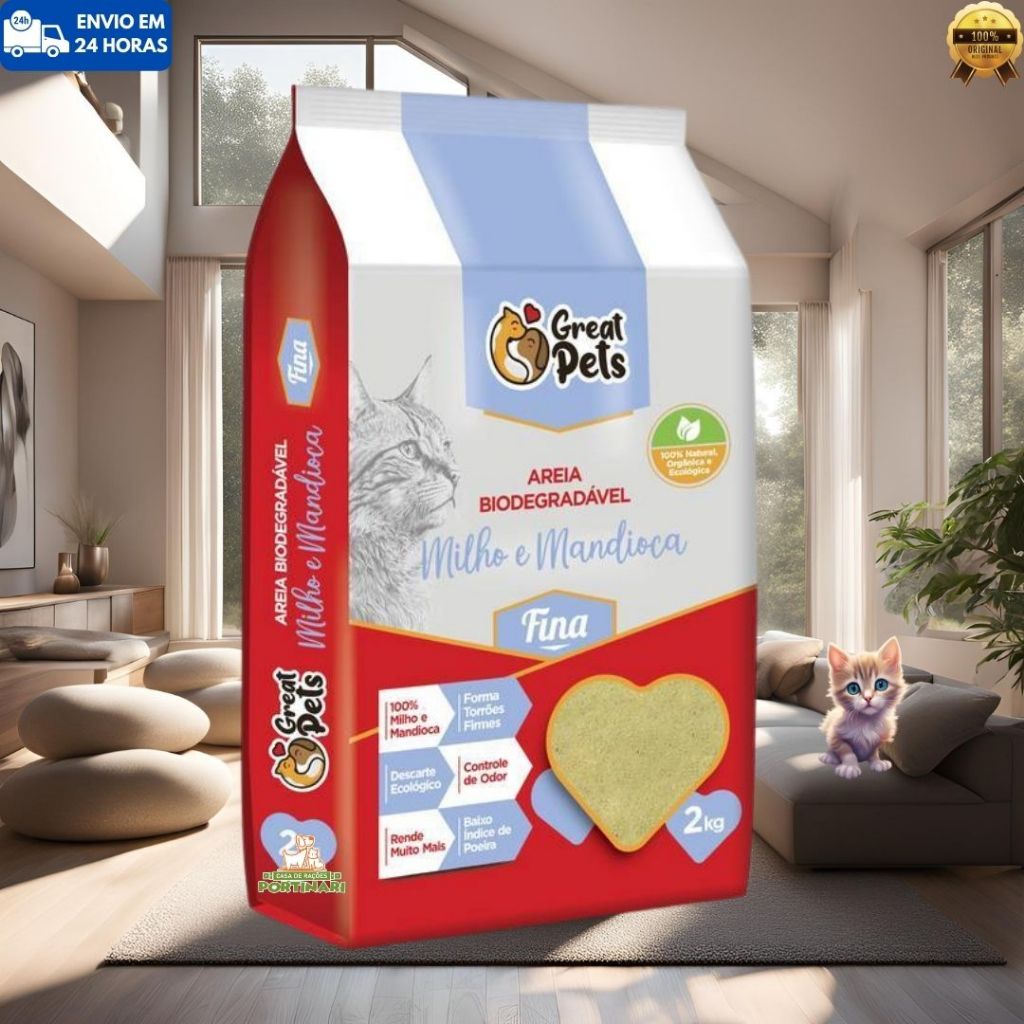 Areia Higiênica Biodegradável Altamente Absorvente Grãos Finos Milho e Mandioca Great Pets 2kg ...