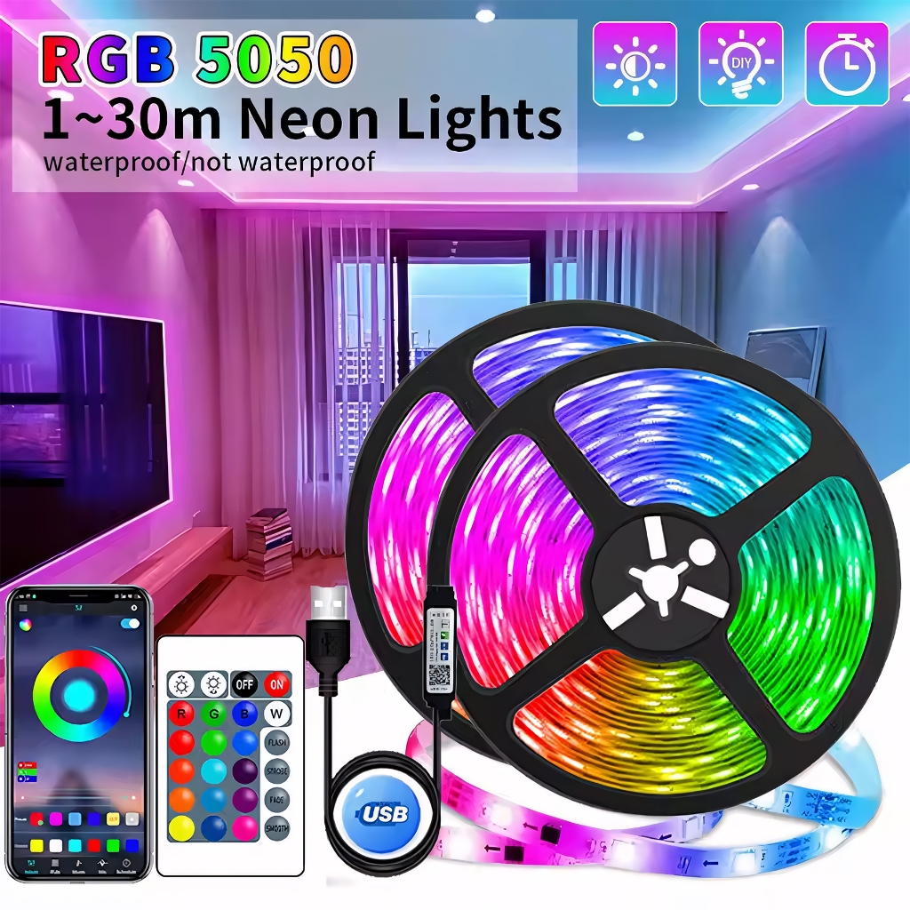 Fita LED Strip Lights 2M 5050 RGB 5V USB, Lâmpada Flexível, Auto ...