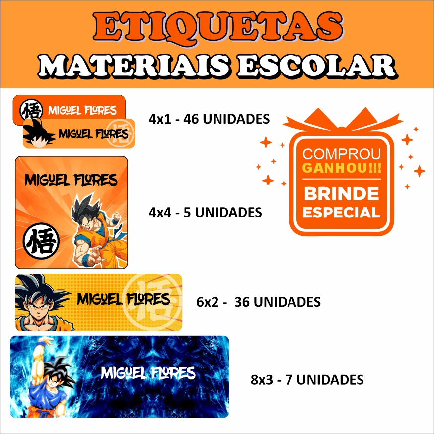 Etiqueta Escolar - TEMA do GOKU - Adesivos Personalizados - TOTAL DE 94 ...