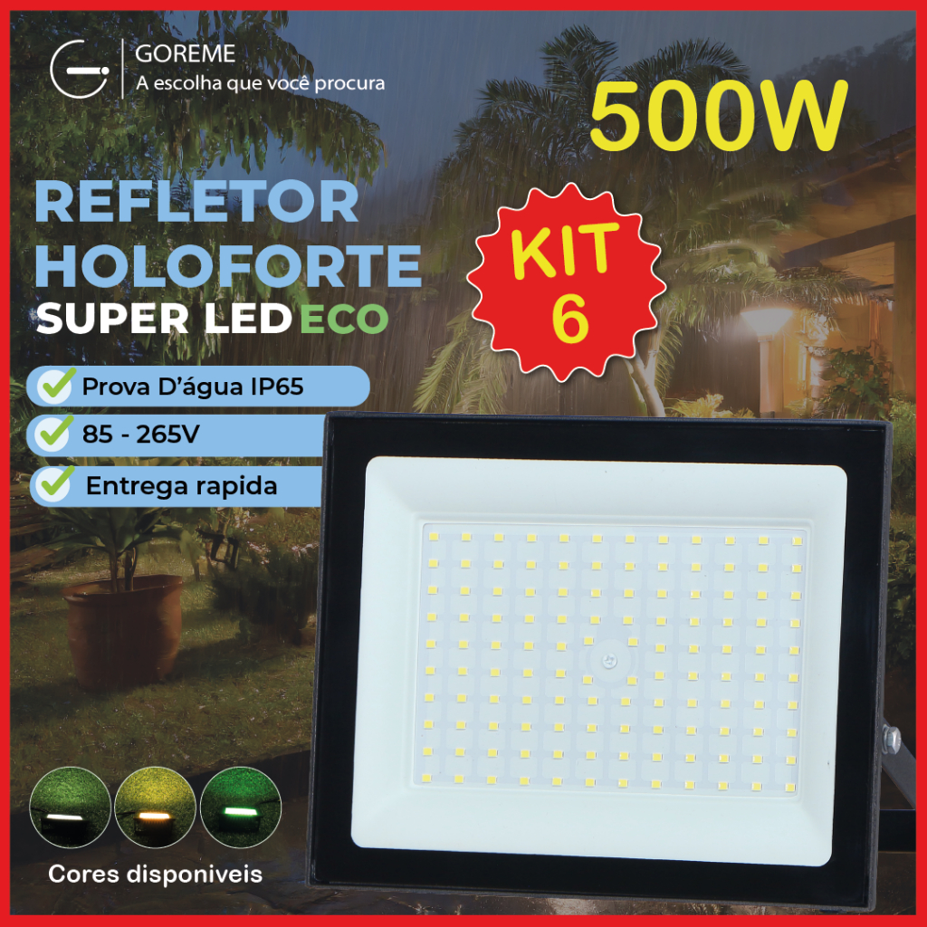 Kit 6 Holofote Refletor Led ECO Pro 500W Luz Fria IP65 | Luz Econômica | Para Jardim | Shopee Brasil