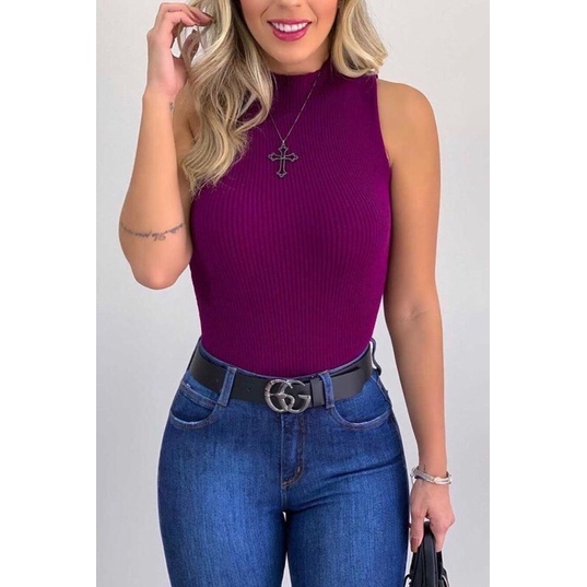 Blusa Regata Gola Alta Feminina Sem Bojo Blusinha Com Lycra Modeladora ...