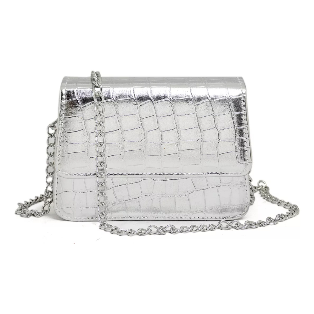 Bolsa Feminina Prata Transversal clutch Mini Croco Alça Corrente Festa ...