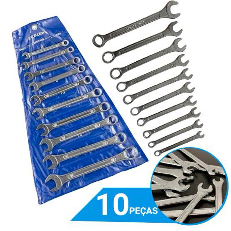 Kit Jogo de Chave Combinada 6 a 17 mm Boca e Estrela com 10 Peças Eda ...