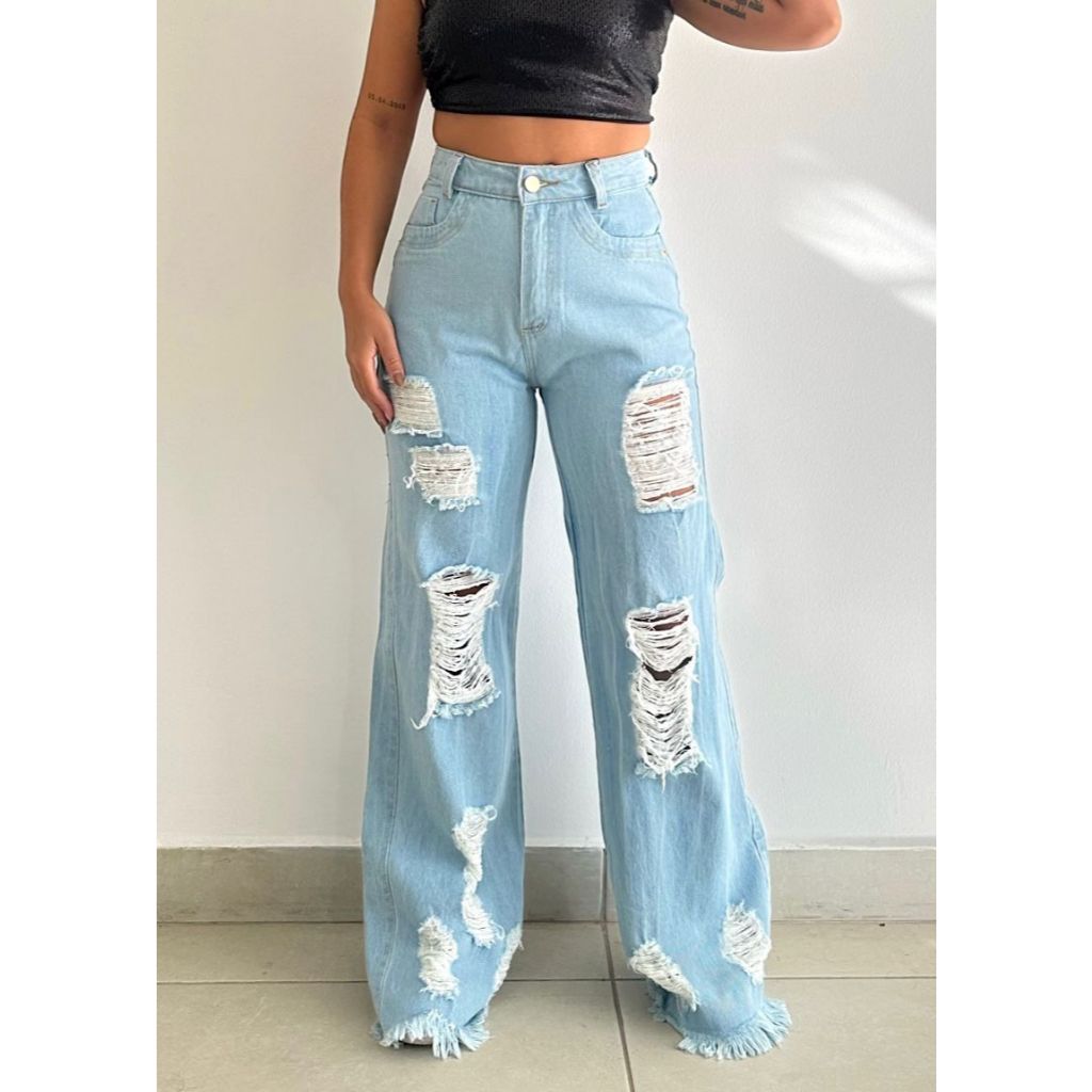 Calça Wide Leg Jeans Clara Destroyed Moda Blogueira Influencer Gringa ...