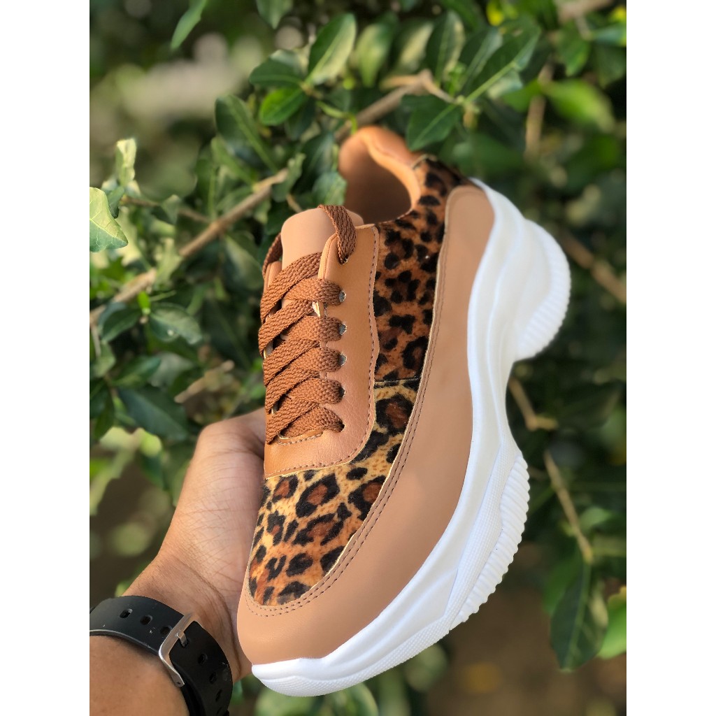 TENIS ADULTO FEMININO PLATAFORMA CHUNKY CARAMELO ANIMAL PRINT SNERKERS BLOGUEIRA CONFORTAVEL ...