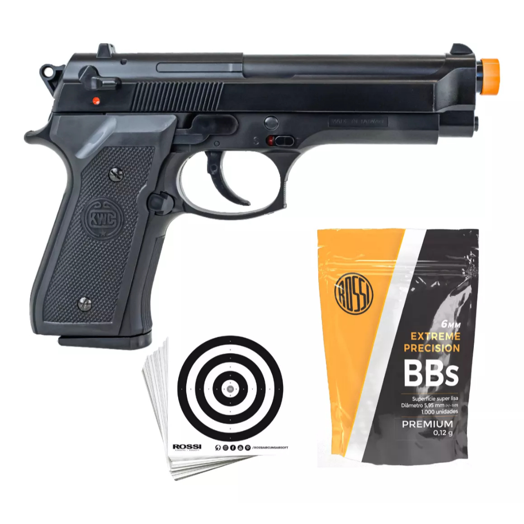 Pistola de Airsoft M92 Kwc Spring 6mm Mola Rossi + 30 Alvos + 1000 BBs Rossi | Shopee Brasil