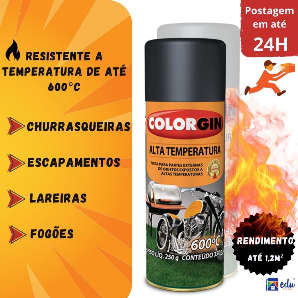 Tinta Spray Alta Temperatura Colorgin 600°C Preto fosco 350 ML | Shopee Brasil