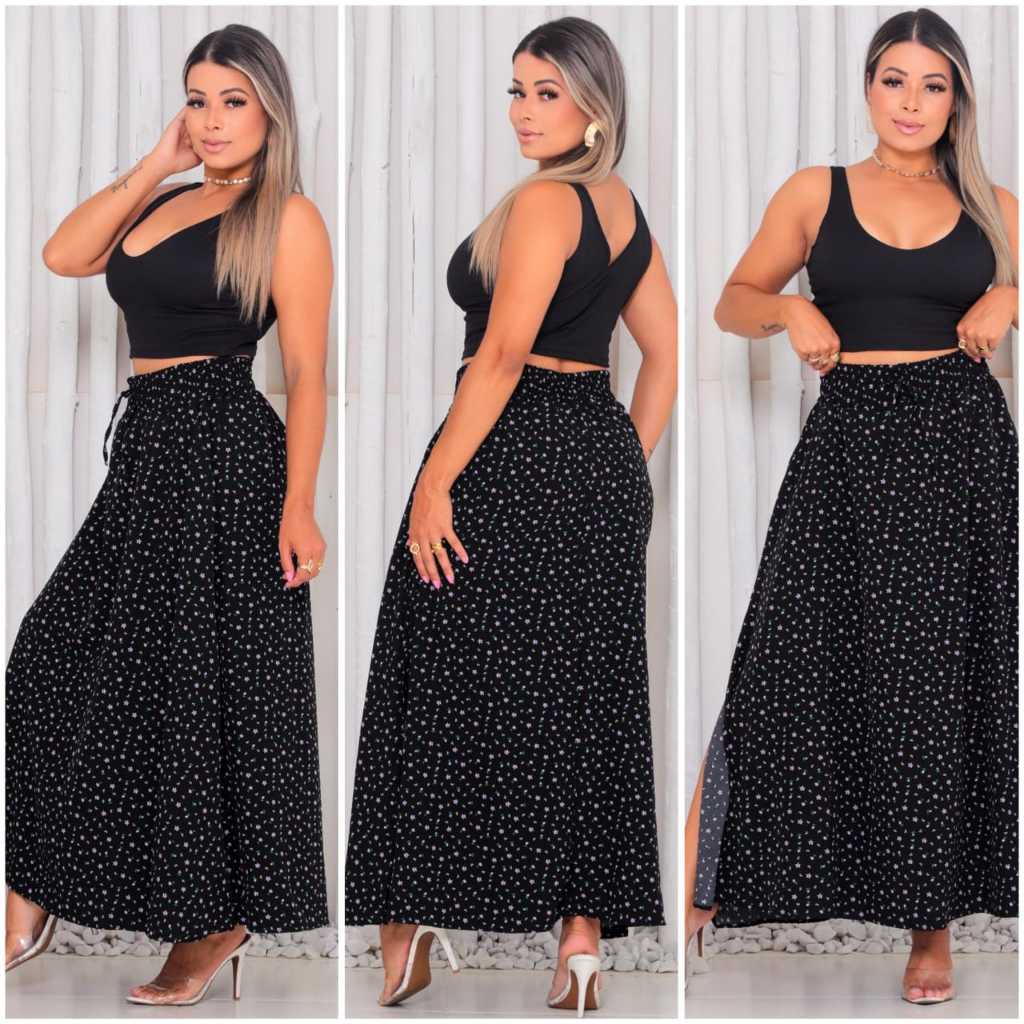 Saia Longa Feminina com Bolsos e Fenda Estampada Elastico Na Cintura ...