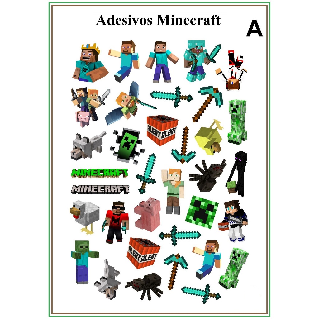 ADESIVOS MINECRAFT CUTE DESENHO DIVERTIDO - AUTO COLANTE - CARTELA C ...