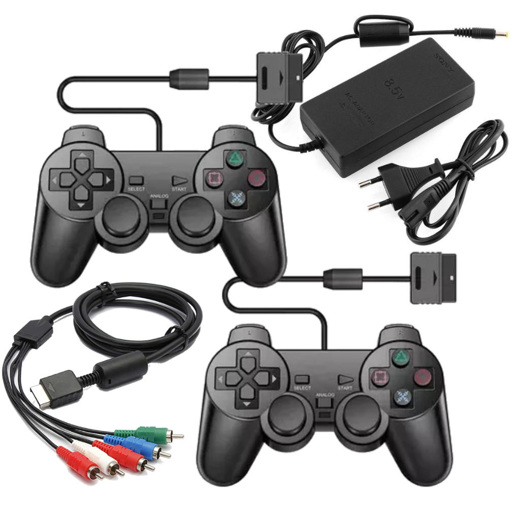Kit Ps2 2 Controles + Fonte Bivolt + C.Força + Cabo V. Componente ...