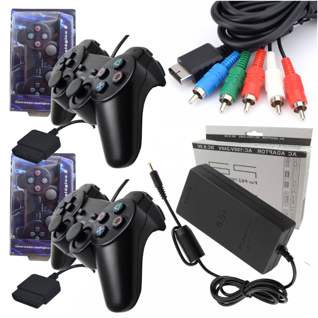 Kit Ps2 2 Controles + Fonte Bivolt + Cabo Força + Cabo Av Acessórios ...