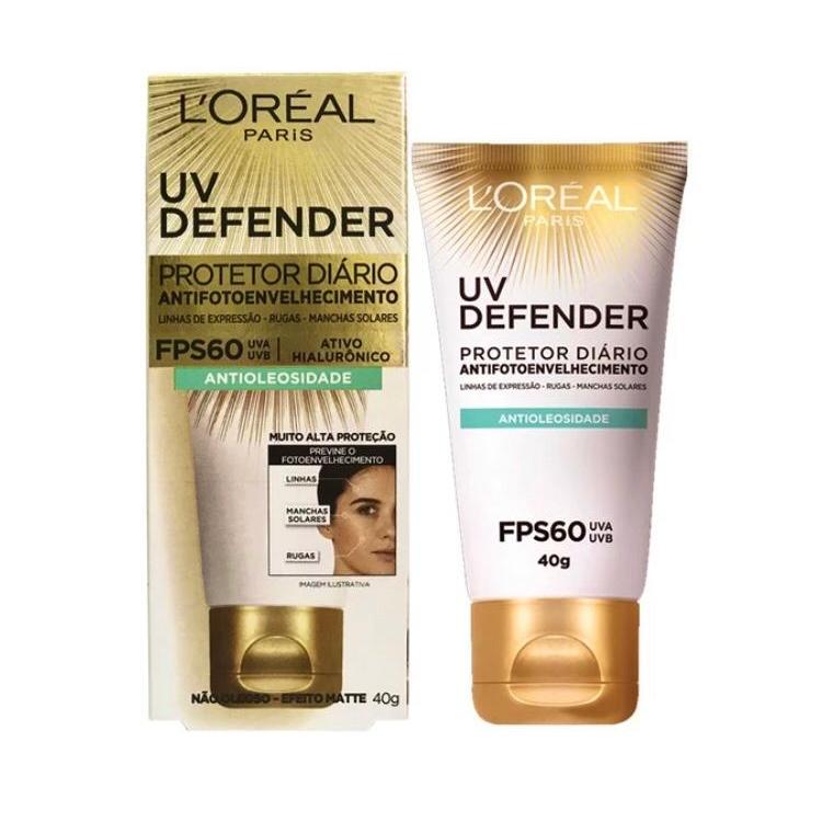 Protetor solar Facial L'OREAL PARIS UV DEFENDER FPS60 Antioleosidade SEM COR Ativo Hialurônico ...