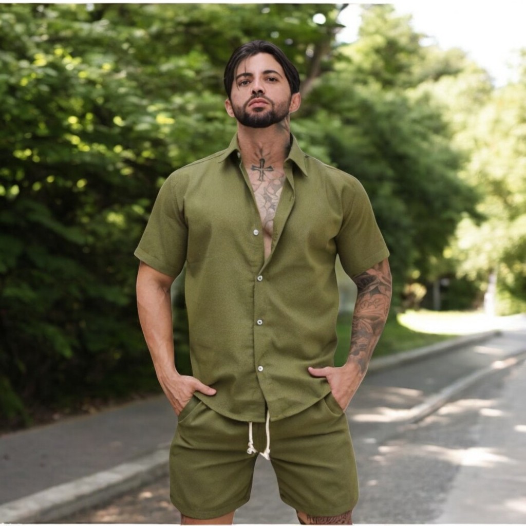 Conjunto Masculino Linho Camisa Linho botão e Bermuda Linho | Shopee Brasil