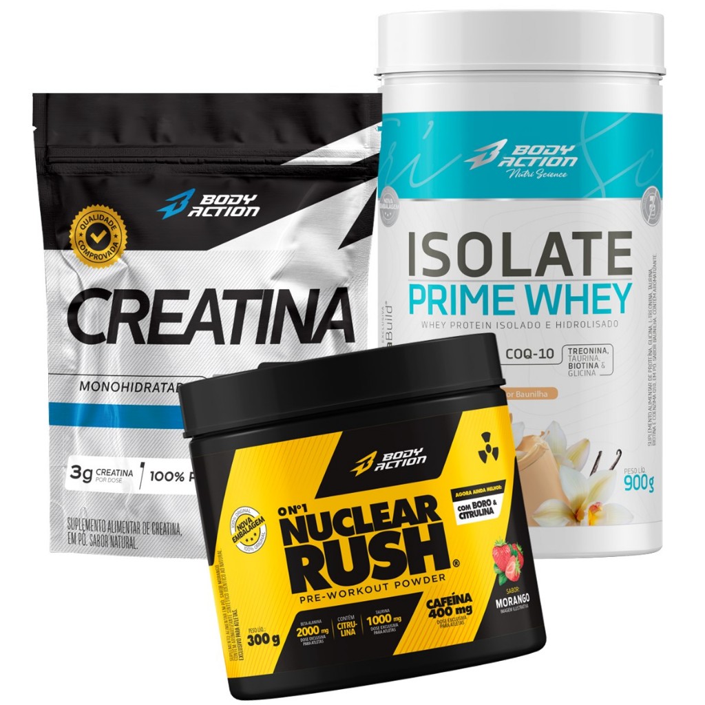 Kit Whey Protein Isolado Prime 900g + Creatina Pura 500g + Pré Treino ...