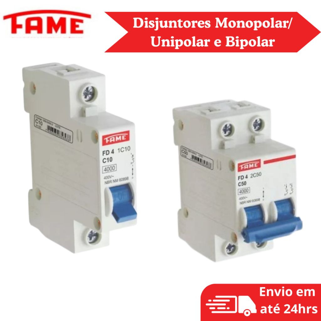 Disjuntor DIN Monopolar, Unipolar e Bipolar 10A, 16A, 20A, 32A, 40A, 50A, 60A, 63A Fame | Shopee ...