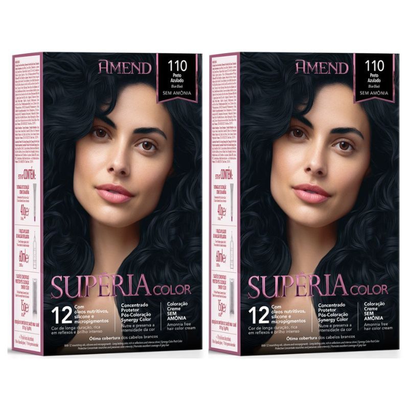 2 Colorações Cremes sem Amônia Supéria Color 110 Preto Azulado - Amend ...