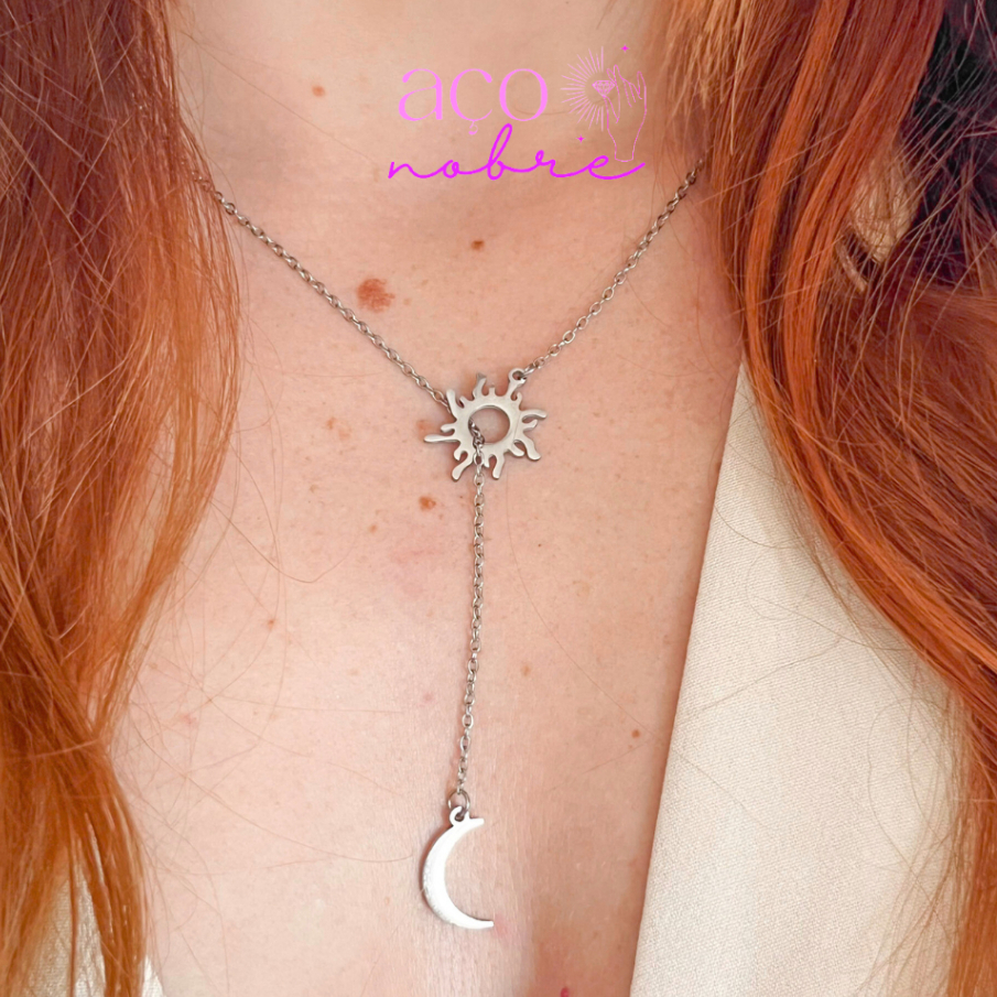 Colar Sol e Lua Aço inox Colares Longos Que Não Escurece Hipoalergênica ...