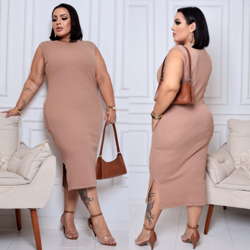 Vestido Midi Plus Size Regata Gola Redonda Com Fenda Lateral Modelador ...