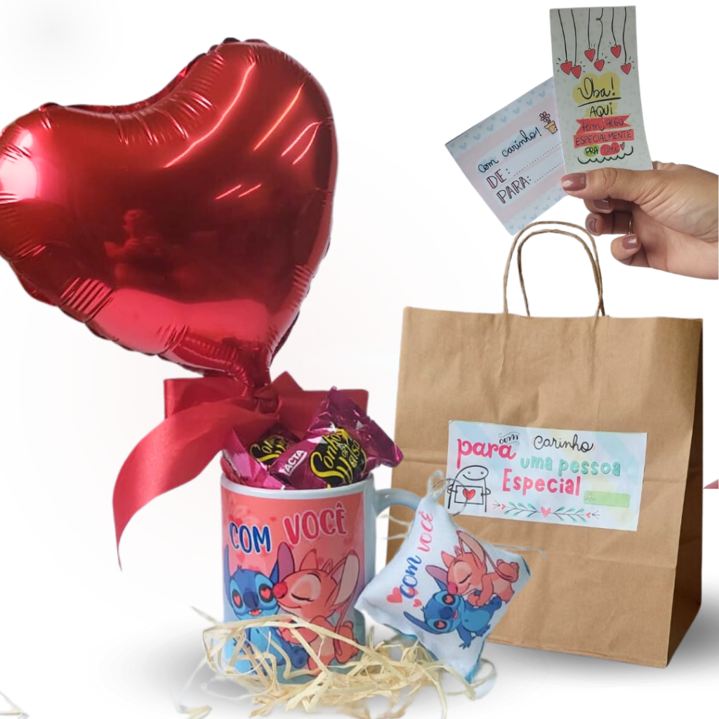 kit cesta com Caneca xícara de porcelana presente com balão + bombons e ...