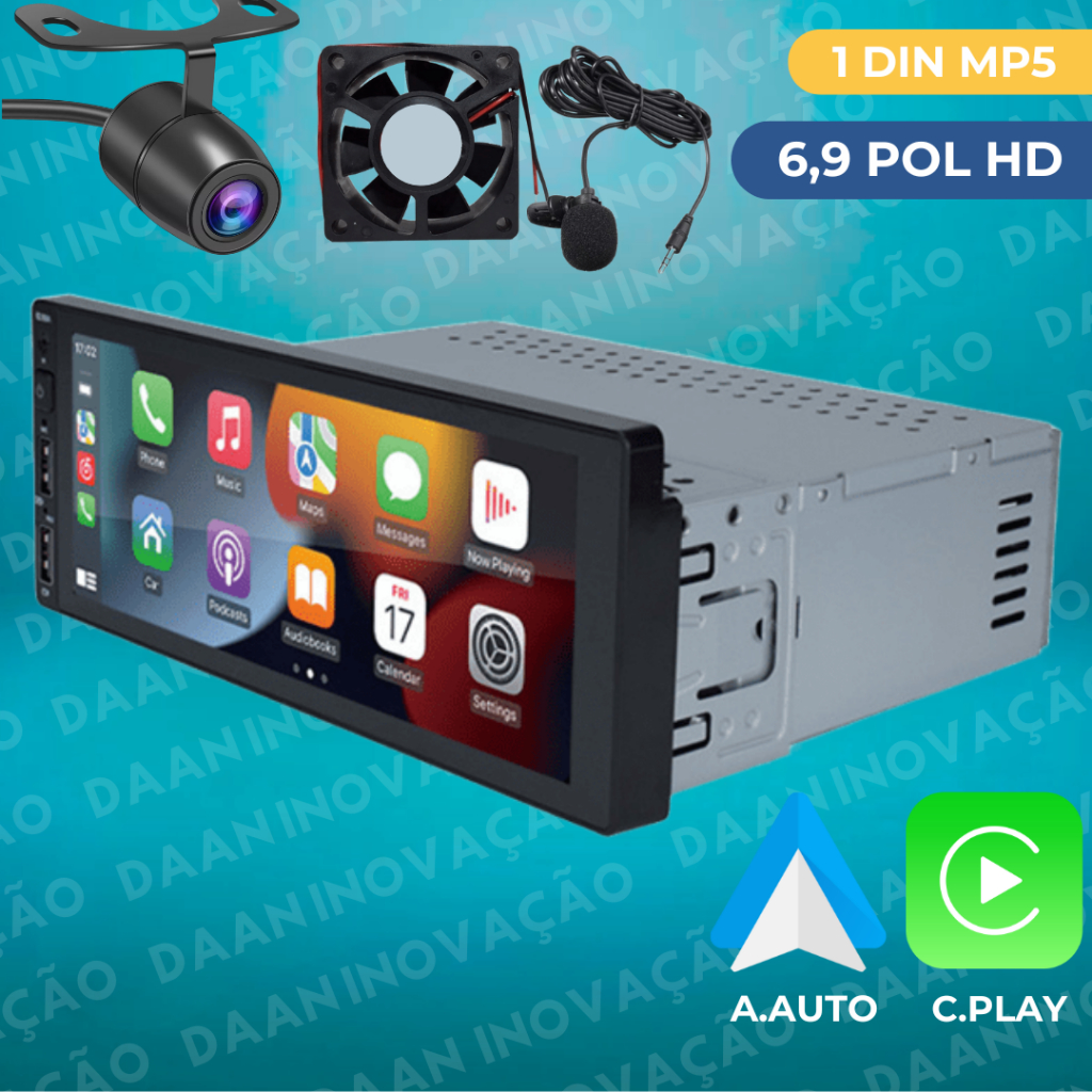 Central Multimidia Carplay e Android Auto MP5 6,9Pol 1 Din Espelhamento Bluetooth USB HD Touch ...