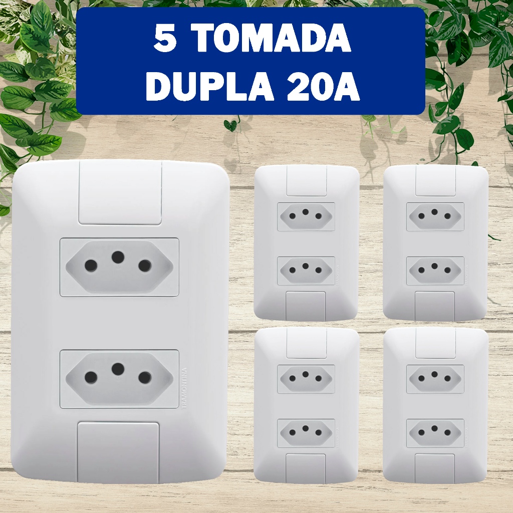 Kit com 5 tomadas 20 Amperes Conjunto Tomada Dupla 20A Tramontina Linha ...