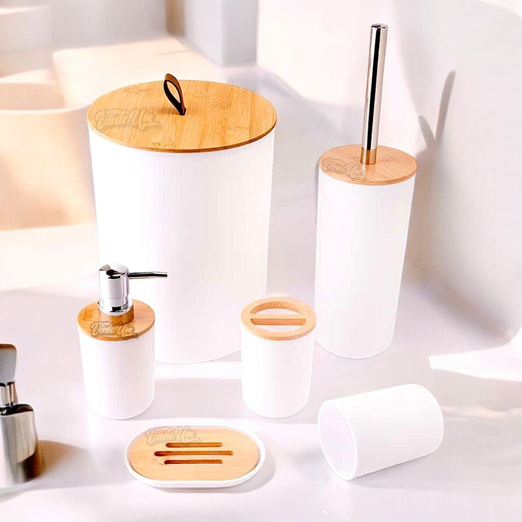 Kit Banheiro Bambu 6 Peças Lavabo Lixeira Escova Sanitária Porta ...