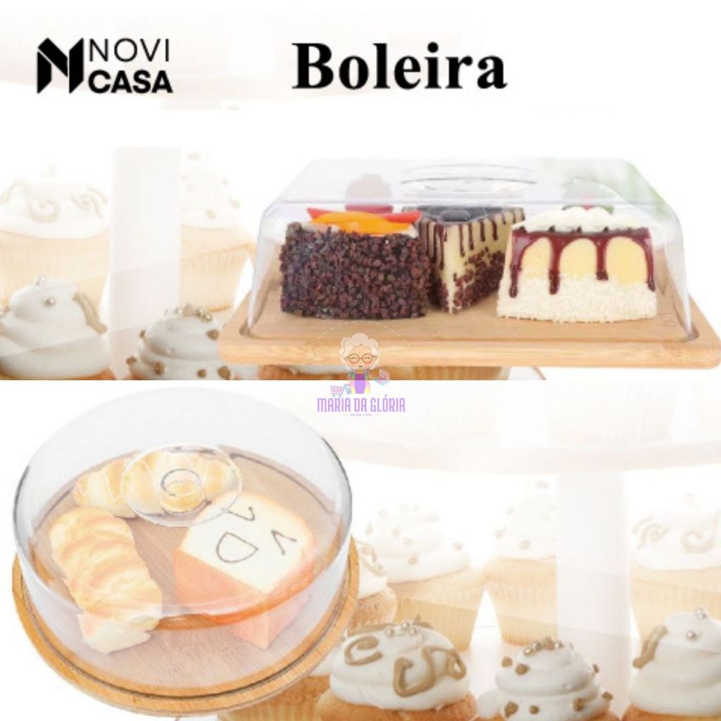 Kit Boleira Redonda + Boleira Retangular Porta Bolo Bambu com Tampa ...