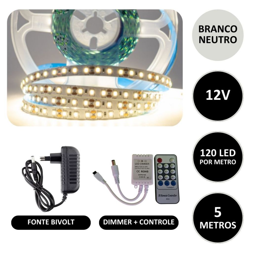Fita 120LED/m + Controle Dimmer IR + Fonte Bivolt _ 3528 Branco Neutro ...