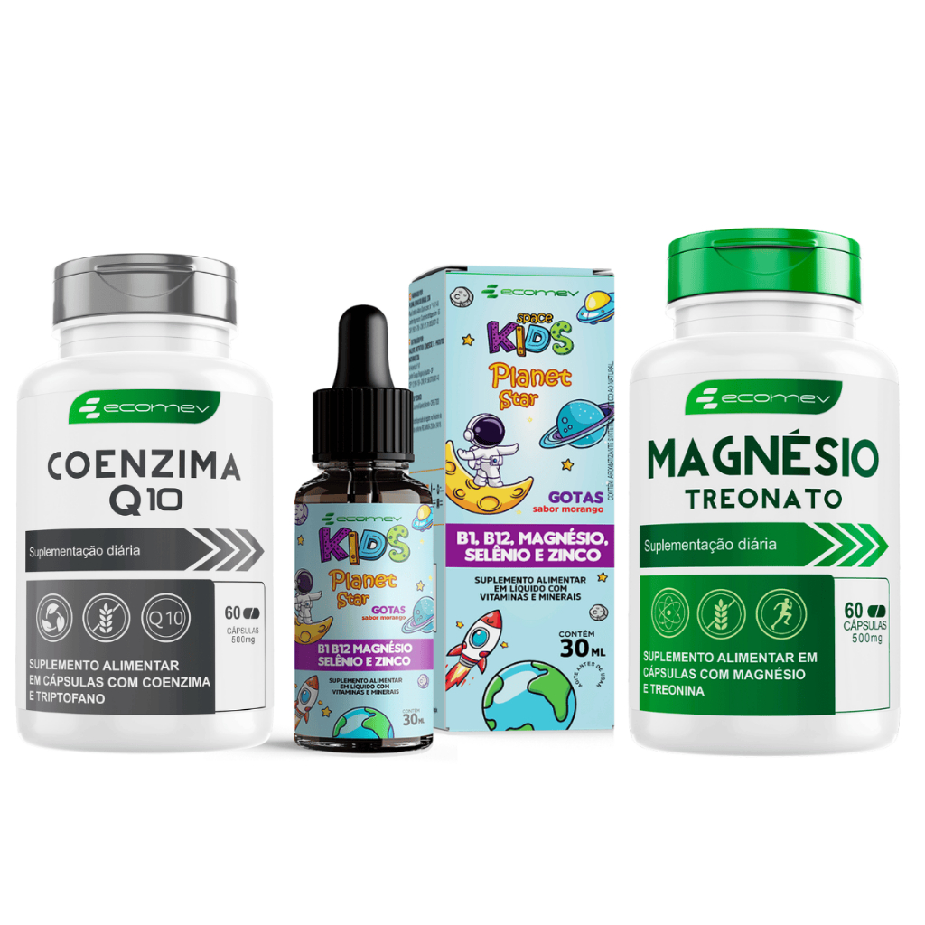 Kit Coenzima Q10 + Magnesio Treonato + Vitamina Infantil Foco Kids Magnesio B1 B12 Selenio Zinco ...