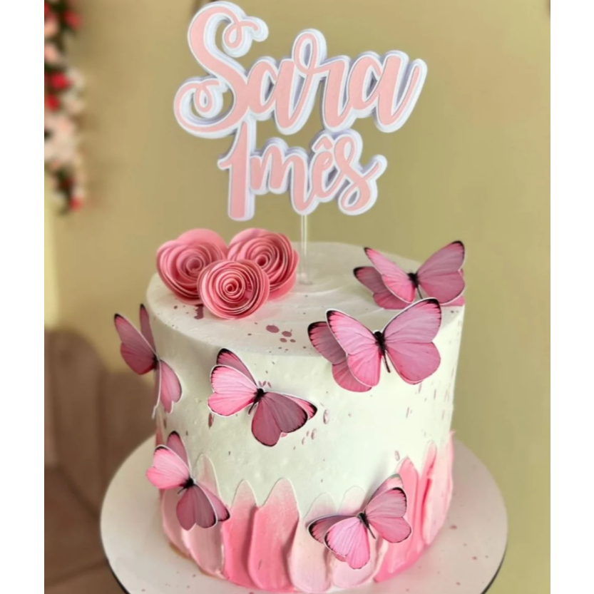 Topo de Bolo Delicado Borboletas Floras Topper Personalizado | Shopee ...
