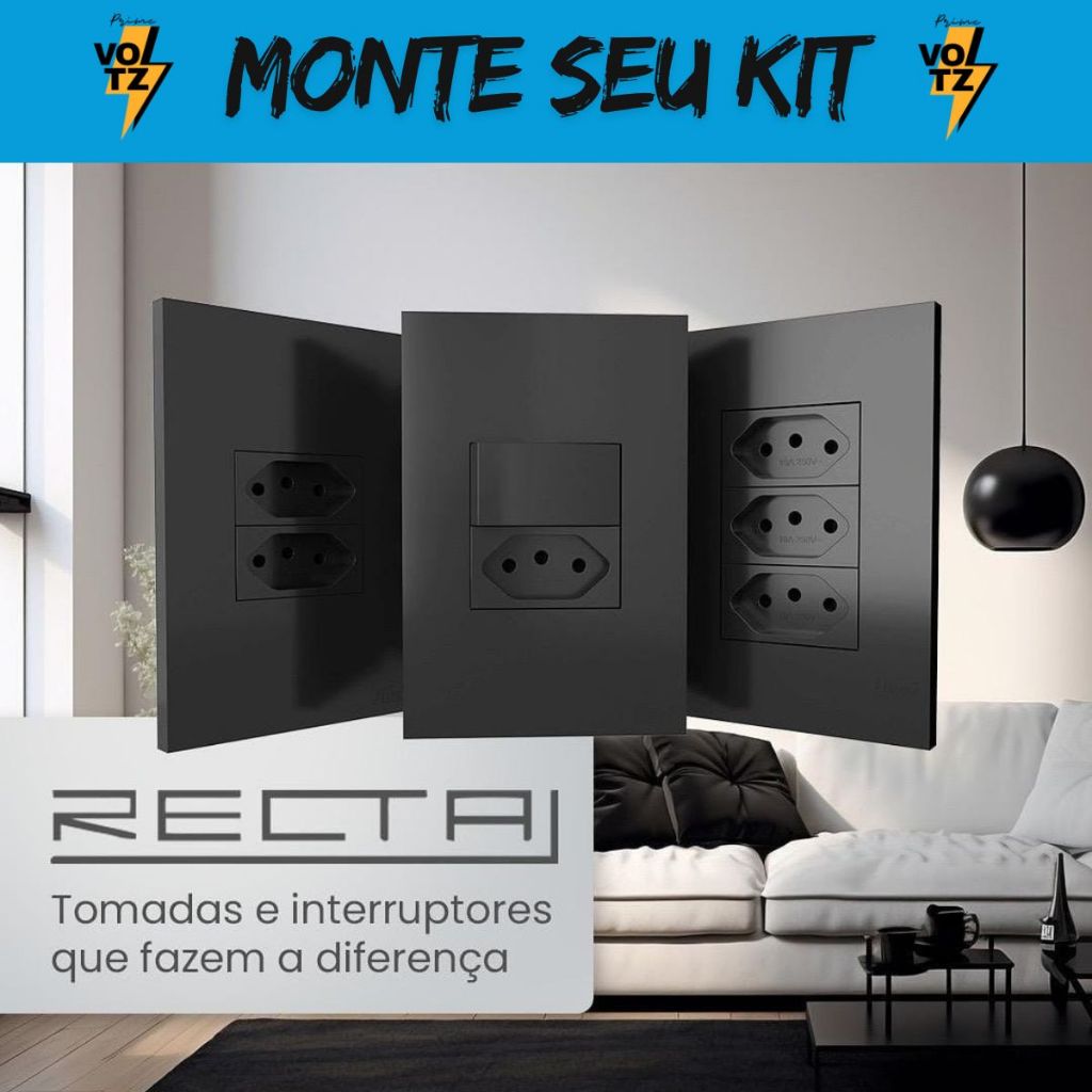 Tomada Preto Fosco Recta Blux Interruptor 4x2 Dupla Tripla 10a 20a Preta Simples Paralelo ...