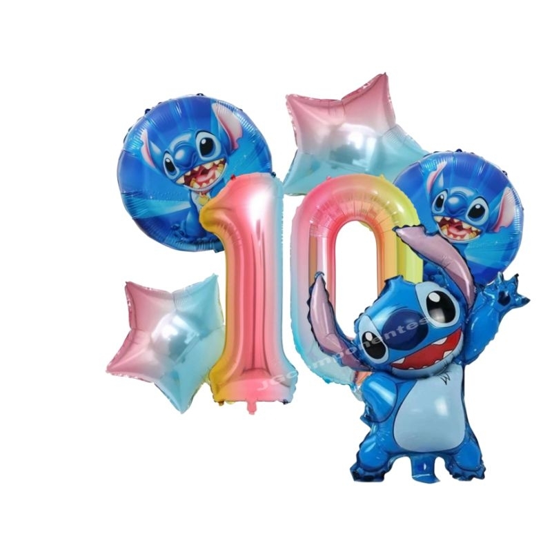 Kit 6 Balão Metalizado Stitch Lilo E Stitch Azul Estrela Número 10 ...