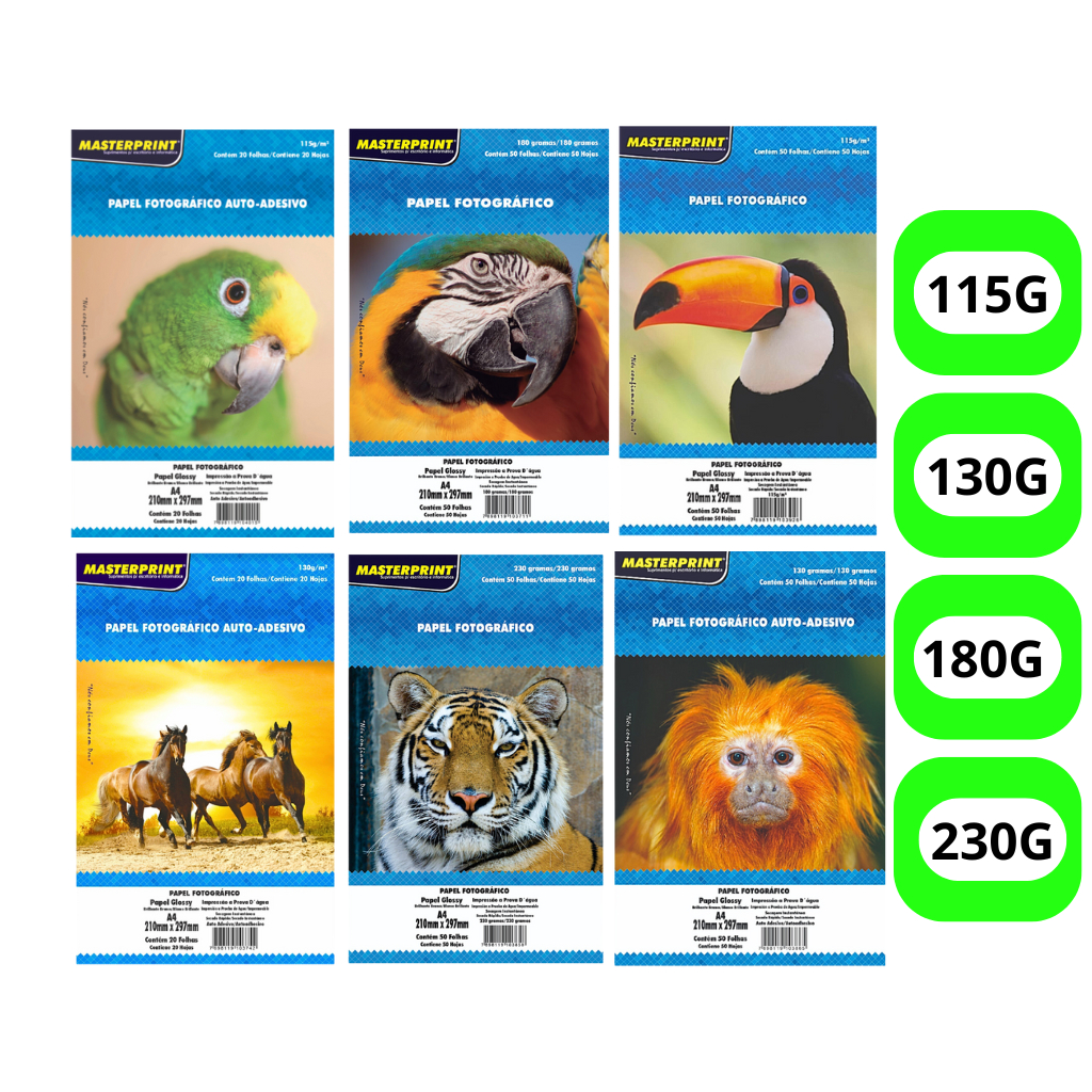 Papel Fotográfico Glossy e auto adesivo 50 20 Folhas 80g 115g 130g 180g 230g A4 Masterprint ...