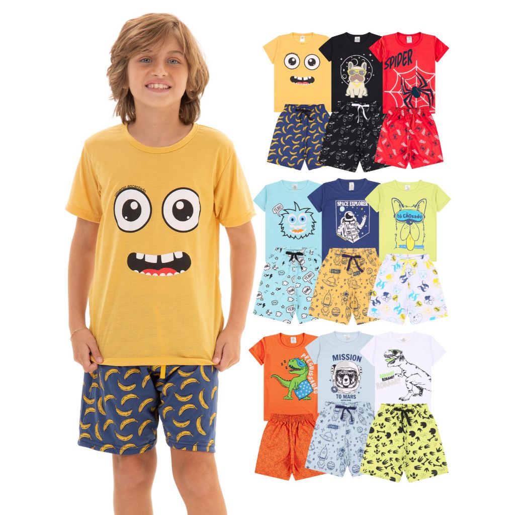 Kit Sortido 8 Peças Pijama Infantil Menino Manga Curta ou Kit 6 Peças ...