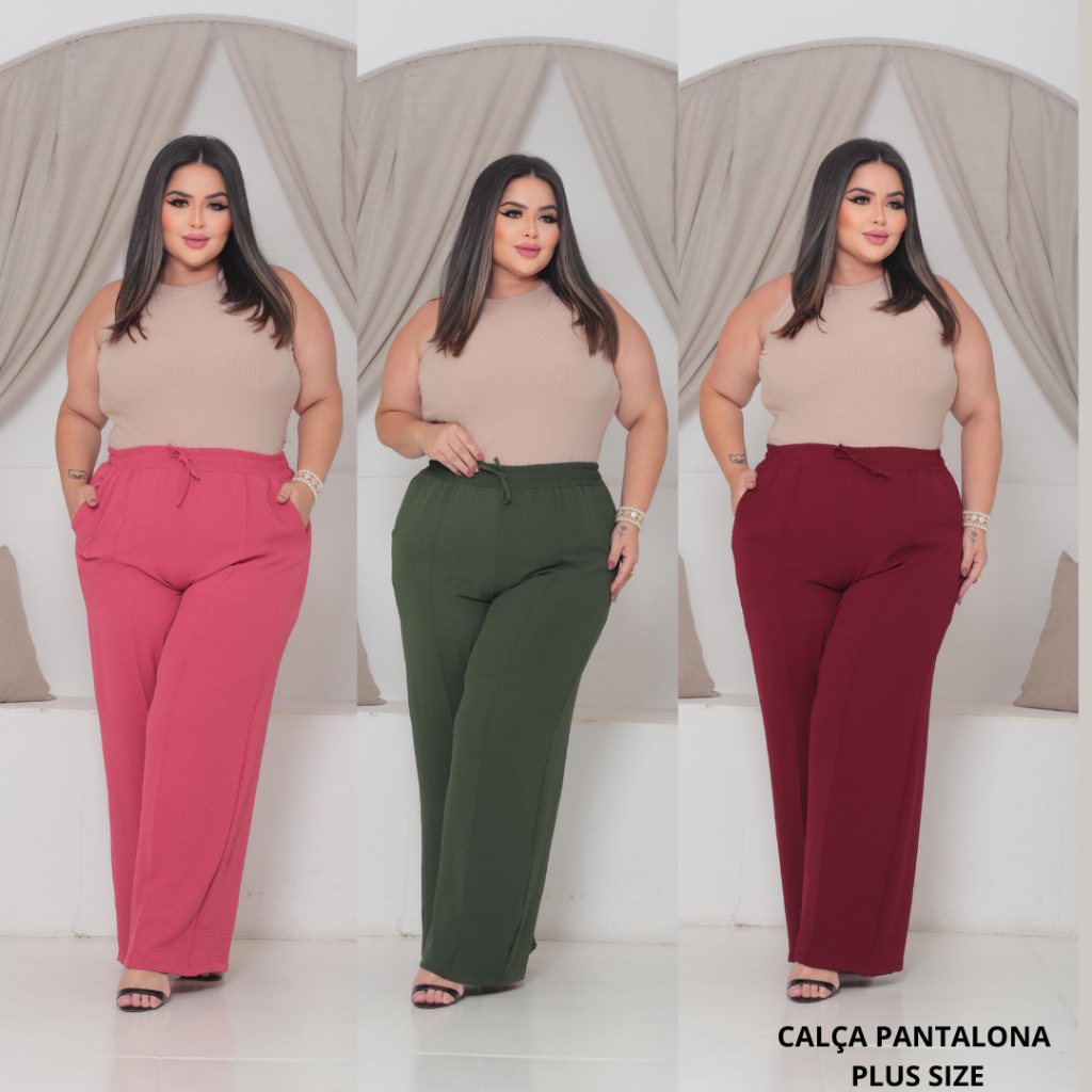 Calça Pantalona Plus Size Tecido Duna Cores Lisas G1 ao G3 - Conforto e ...