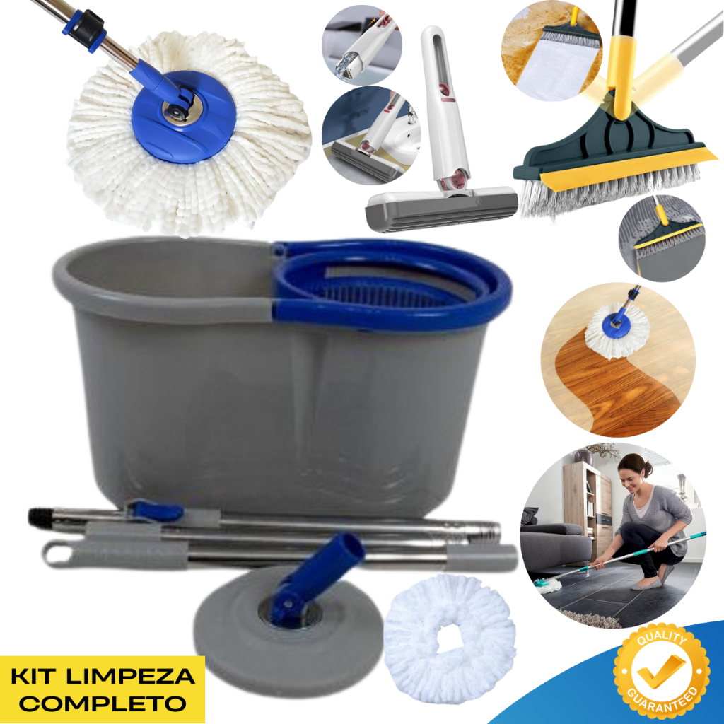 Mop Giratório Esfregão Limpeza Microfibra 360 Balde 8l + Escova ...