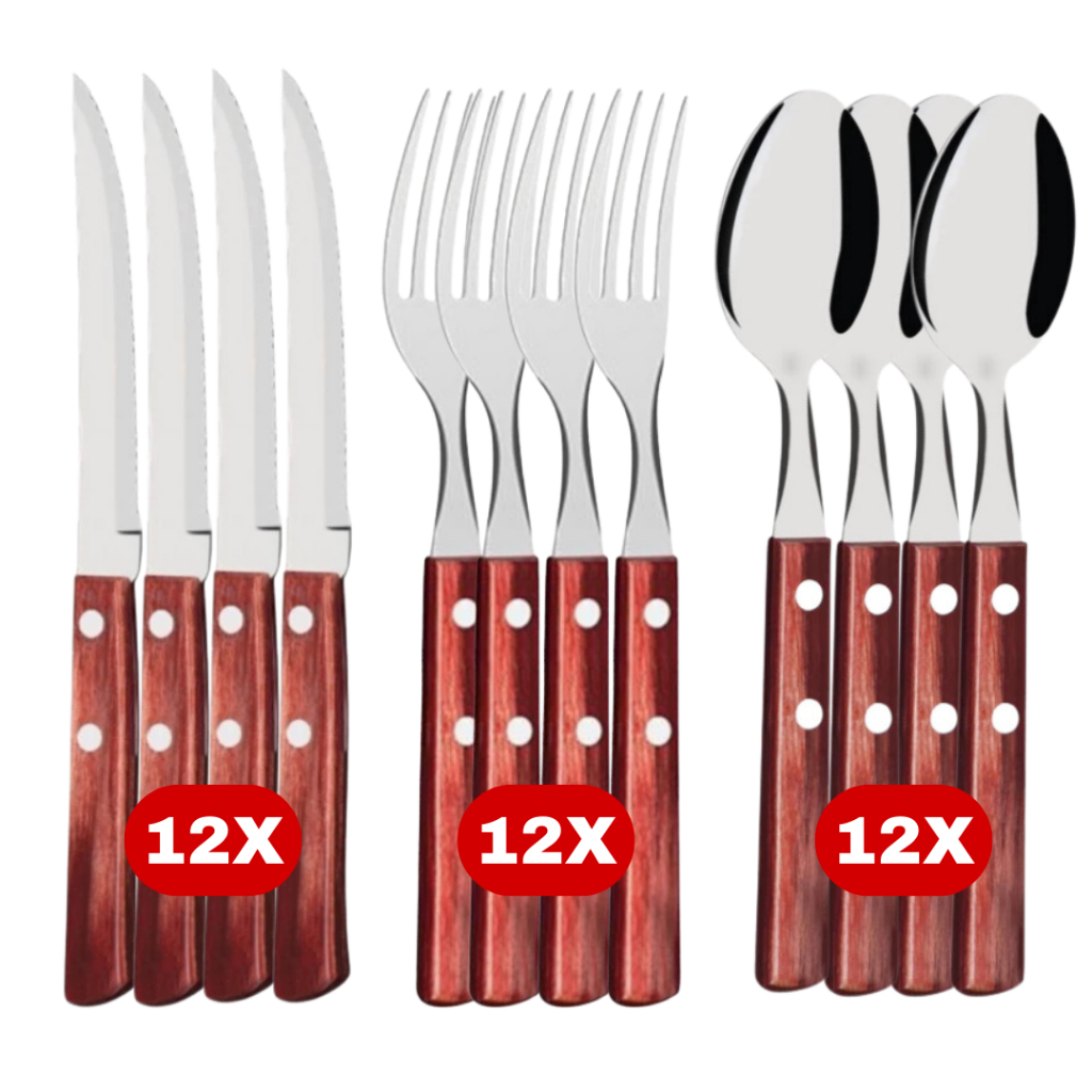 Kit Talher Cabo Madeira Aço Inox Facas Garfos e Colheres de Mesa Bambu ...