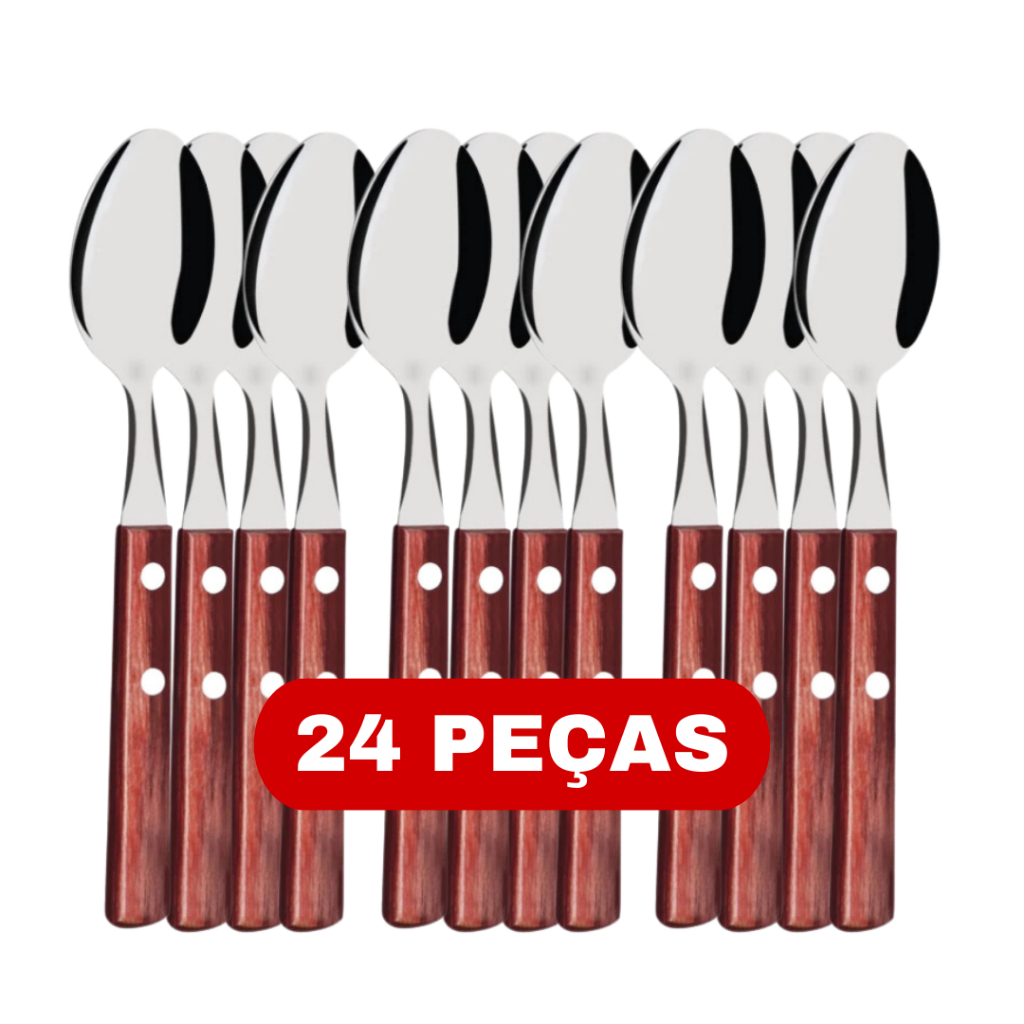 Jogo de Colher Cabo de Madeira Aço Inox de Mesa Wood | Shopee Brasil