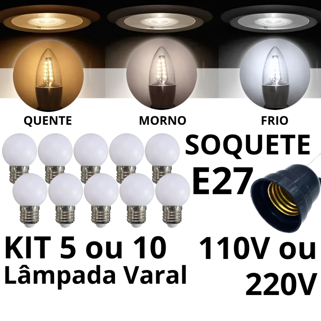 Kit 5 10 Lâmpadas Led Bolinha 1W Decorativa Varal 110v ou 220v Soquete ...
