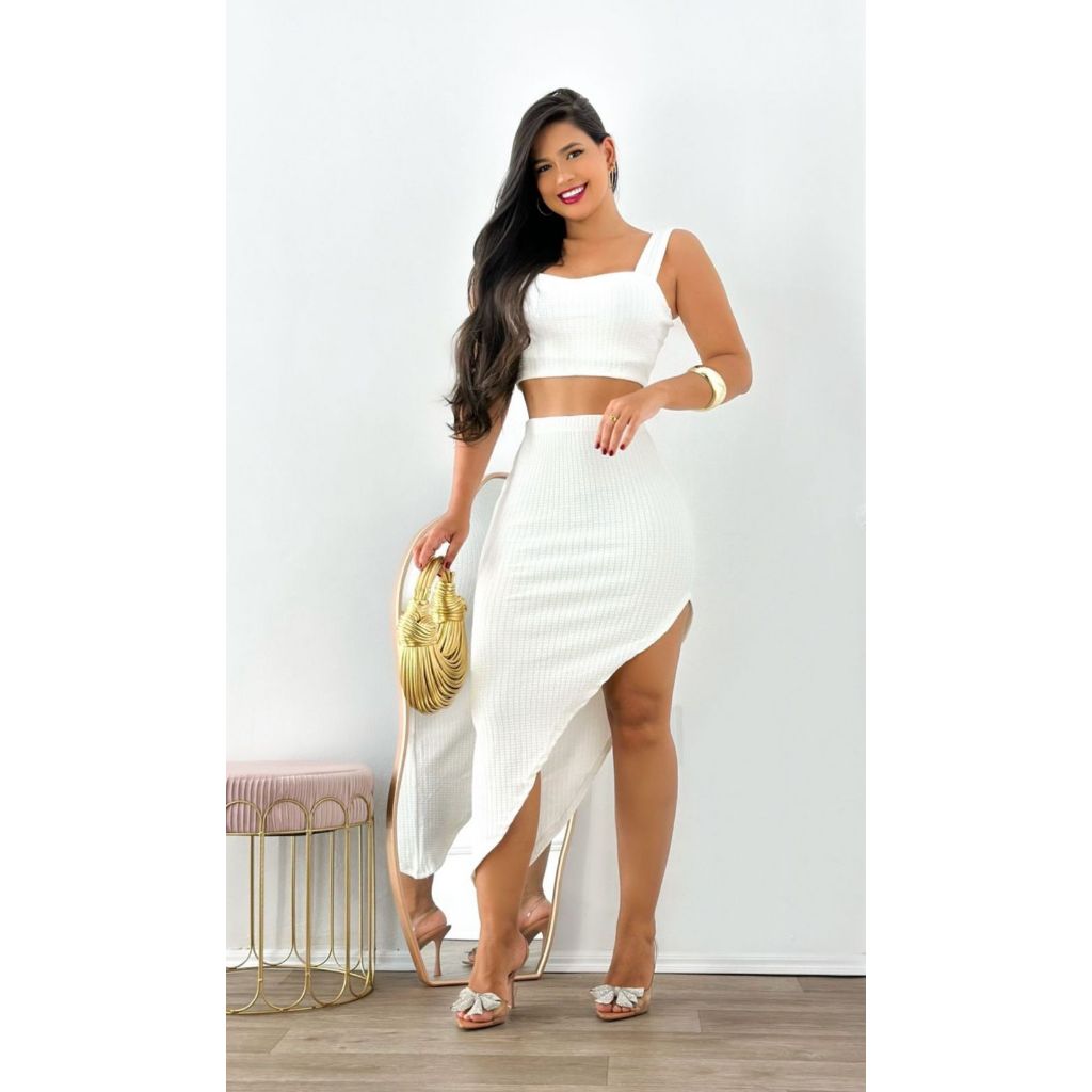 Conjunto feminino Canelado 2 peças Midi Gola Alta Saia + Croppet ...
