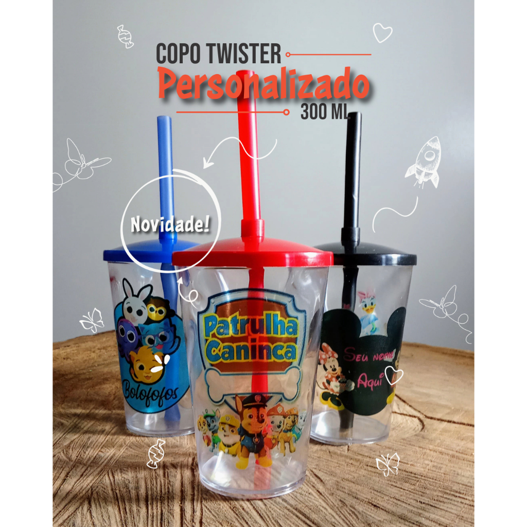 50 Copos Twister Shake 300ml C/ Tampa e Canudo Personalizados ...