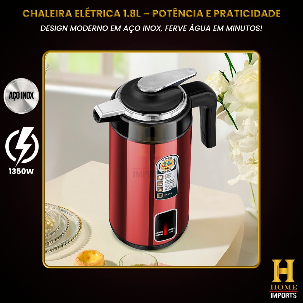 Chaleira Elétrica Térmica Bule Com Tampa Inox Garrafa 1,8L 110V e 220V Linha Premium Top ...