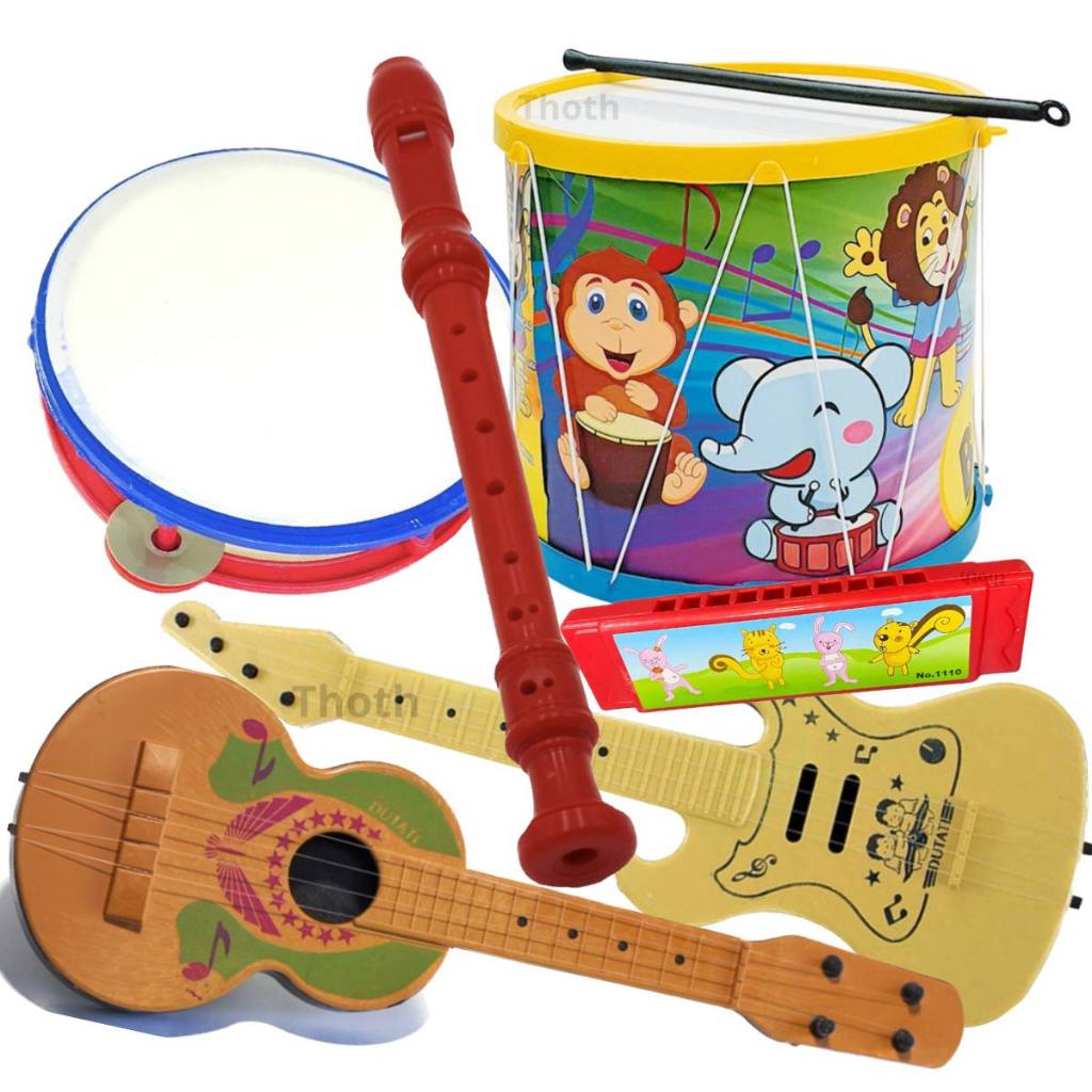 Kit 6 Instrumentos Musical Infantil Tambor Grande Gaita pandeiro Guitarra Flauta Bumbo Violinha ...