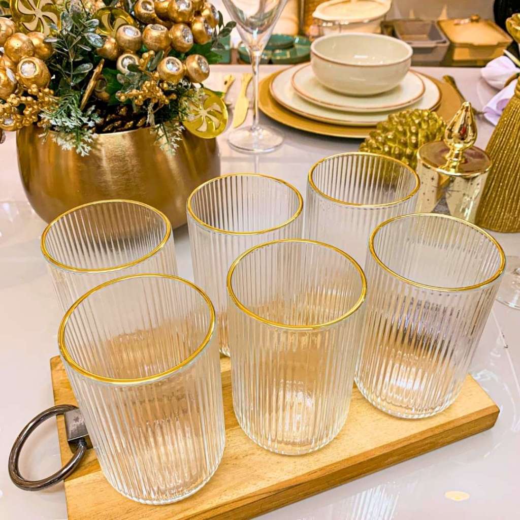 Jogo de 6 Copos Altos 420ml Borda Dourada Vidro Canelado Versalhes Gold | Shopee Brasil