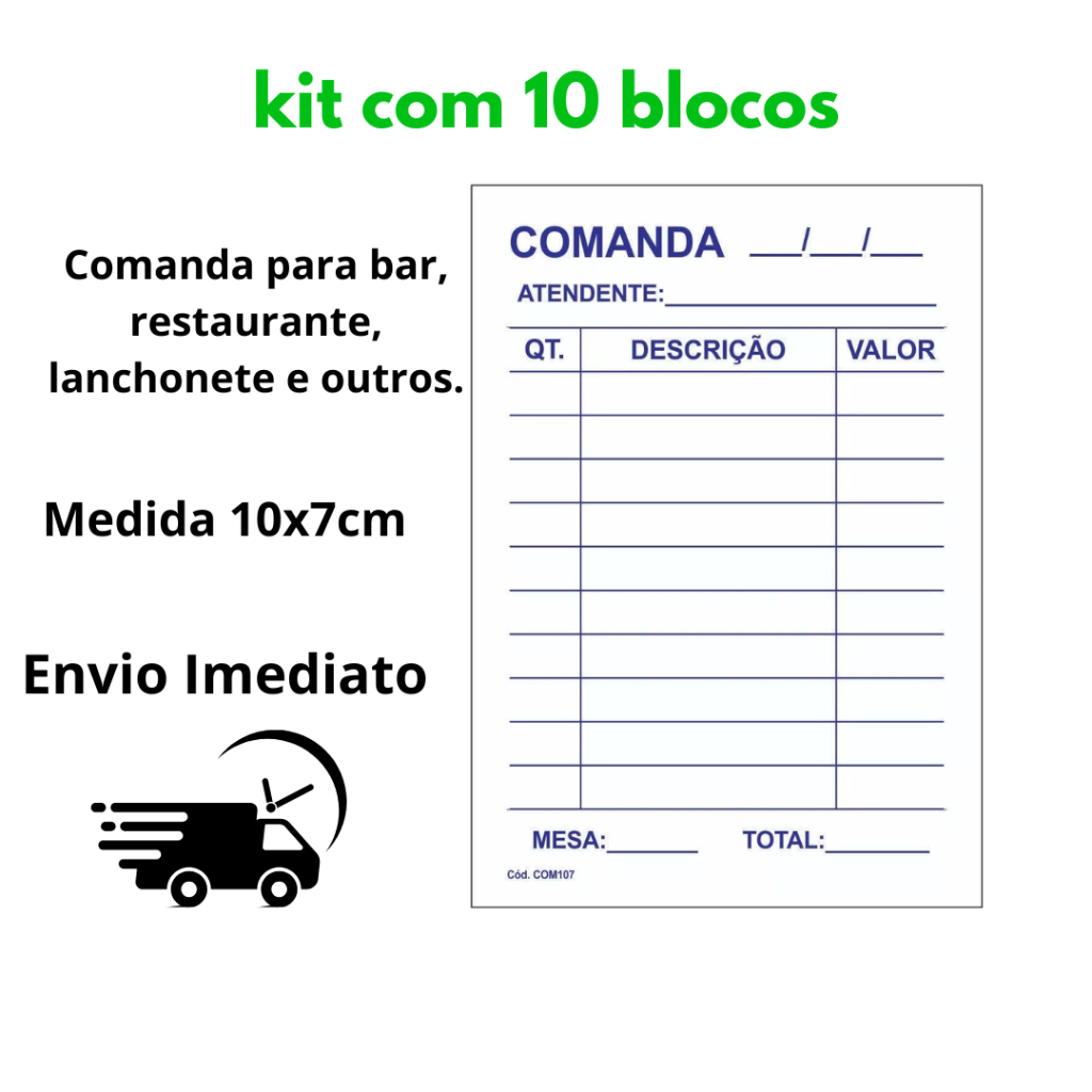 Kit 10 Blocos de Comanda Pedido Mesa Restaurante Bar Lanchonete 7x10cm | Shopee Brasil